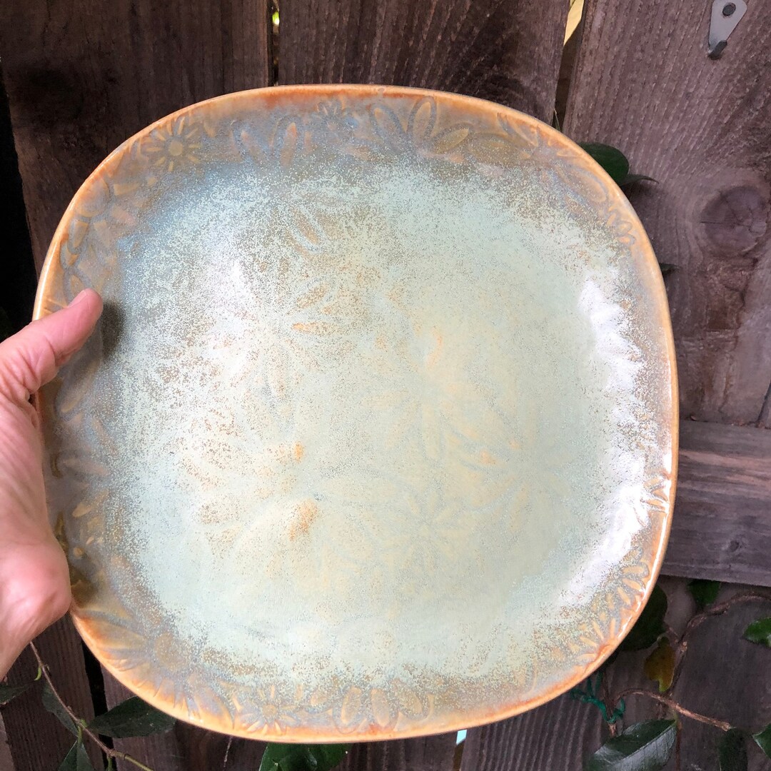 Serving Platter Square Pottery, Green Serving Plate Handmade Pottery ...
