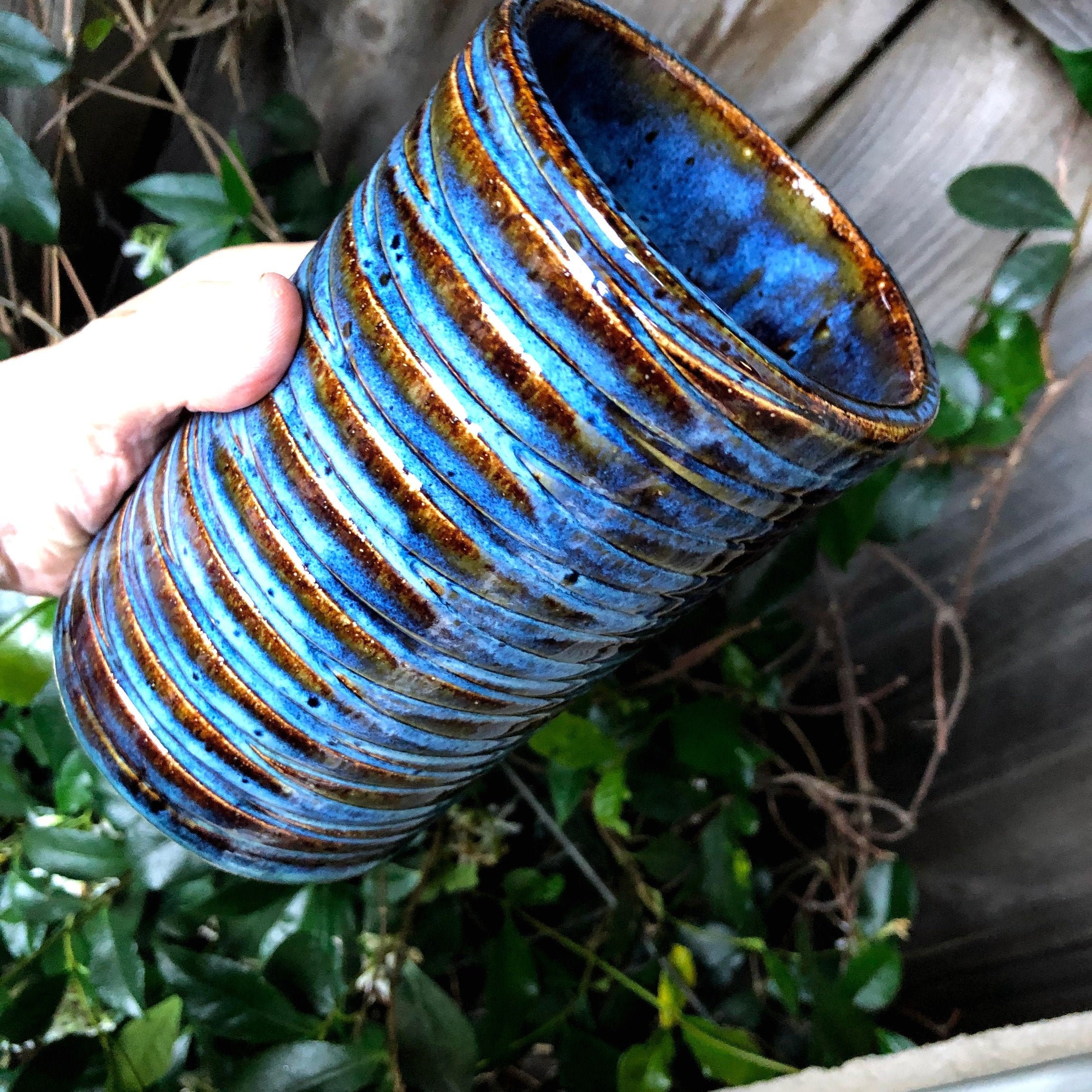 Flower vase pottery handmade stoneware vase blue pottery | Etsy