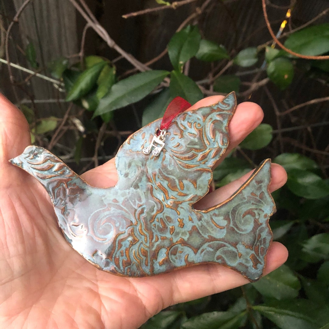 Handcrafted Ceramic Dove Ornament, Green, Brown Glaze, Suspended From a ...