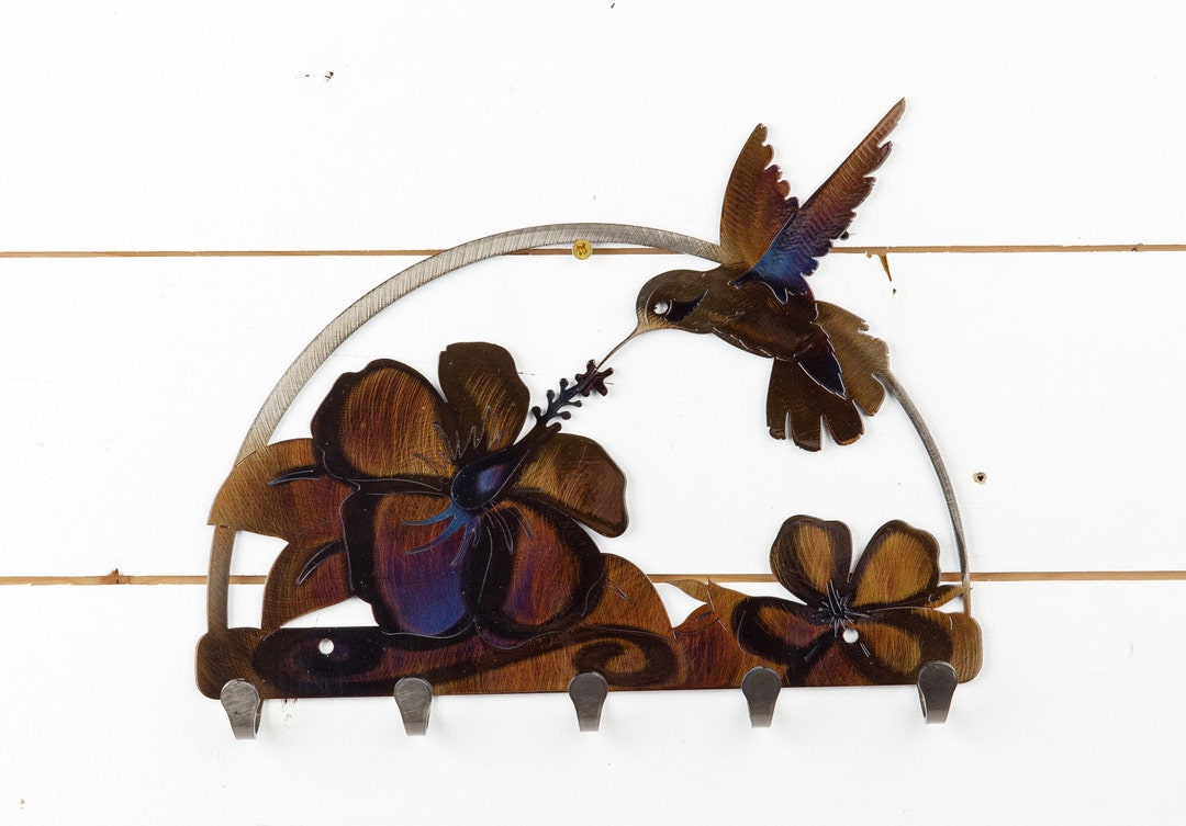 Hummingbird Metal Wall Art | Key Holder With 5 Hooks - Etsy