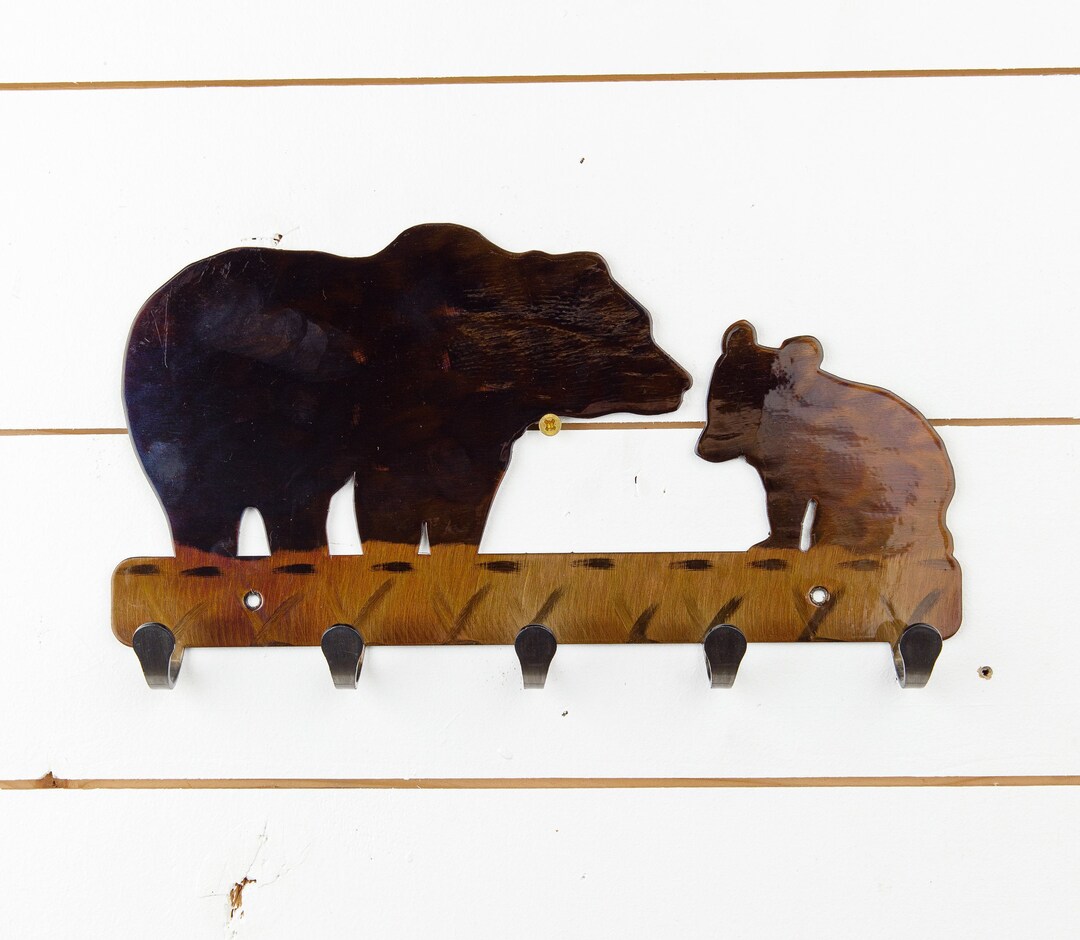 Bear and Cub | Metal Keychain Holder | 5 Hooks | Metal Wall Art | Mama ...