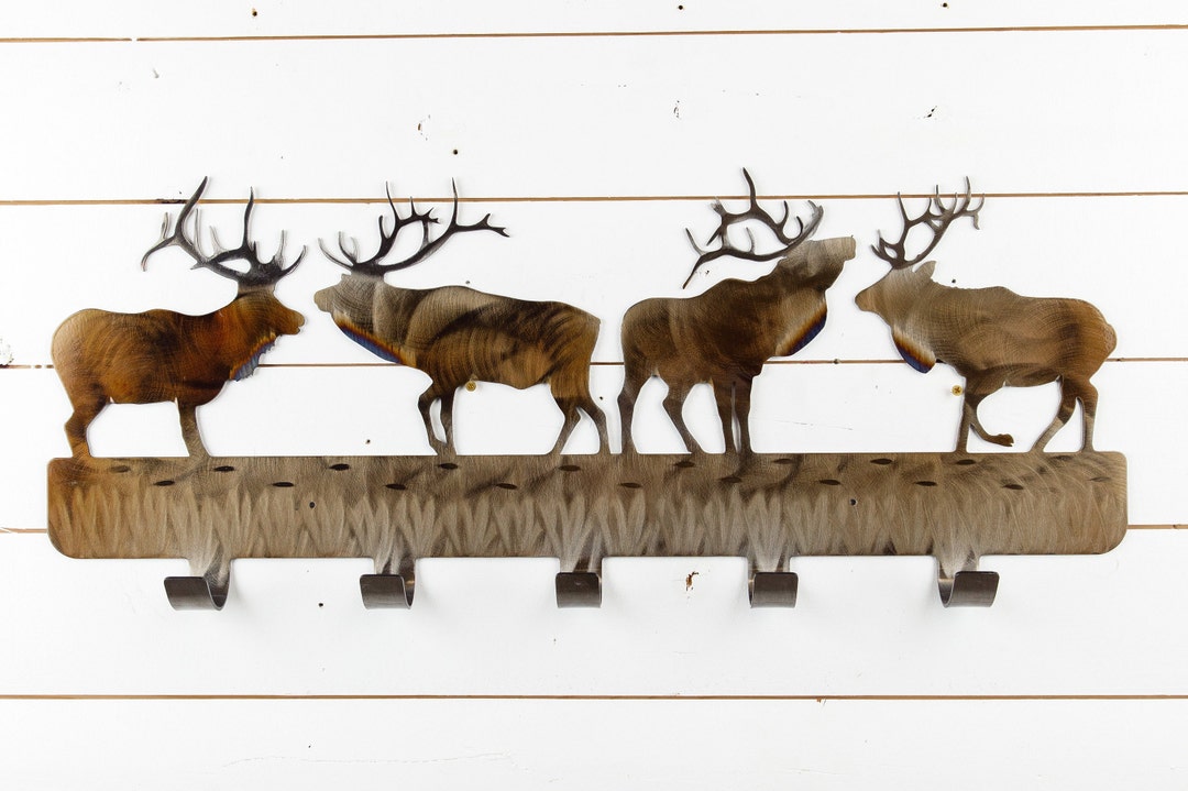 Elk Metal Coat Rack Metal Wall Art 5 Hooks Elk Hunting Metal Home Decor ...