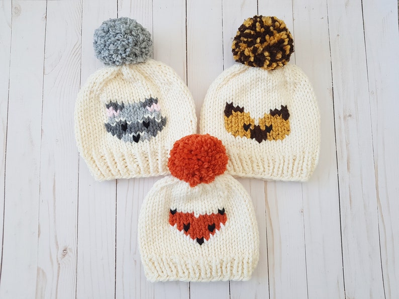 Forest Friends Knit Beanie Patterns – Fox, Raccoon, Owl (digital ...