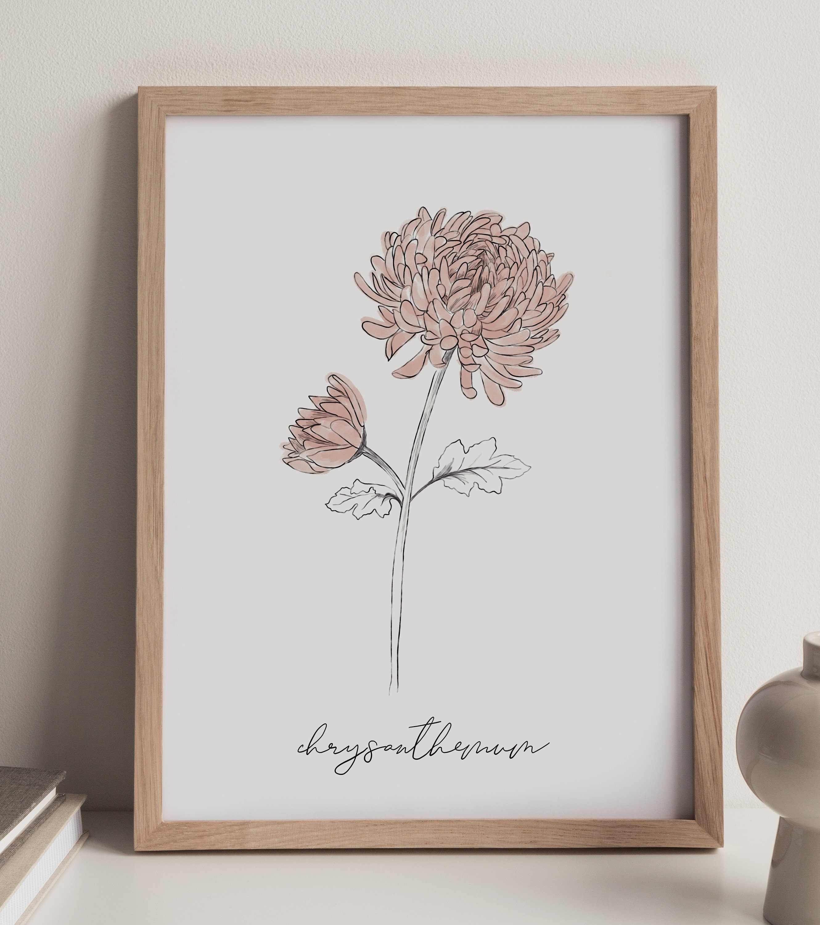 November Birth Flower Print, Chrysanthemum Flower Illustration in Pink ...