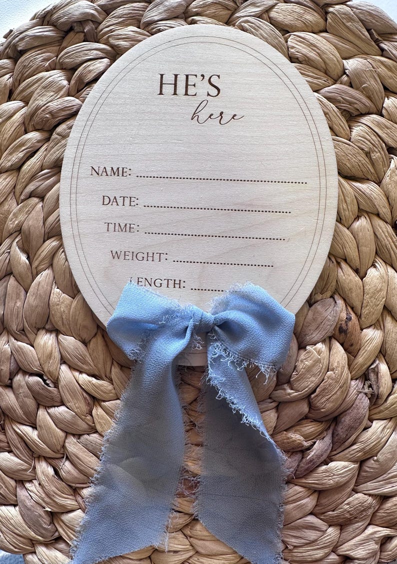 Hello World Wooden Newborn Photo Prop With Blue Bow, Personalized Baby ...