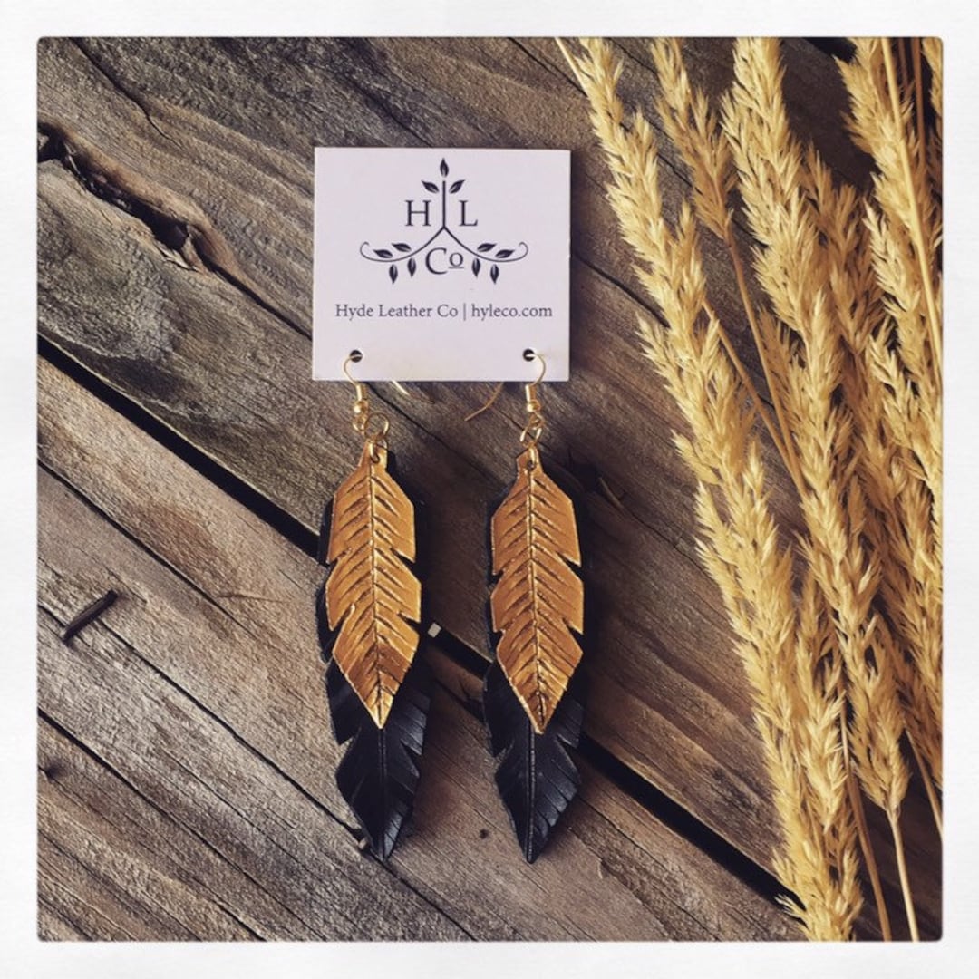 Raven & Gold Feather Leather Earrings. Leather Earrings. Earrings ...