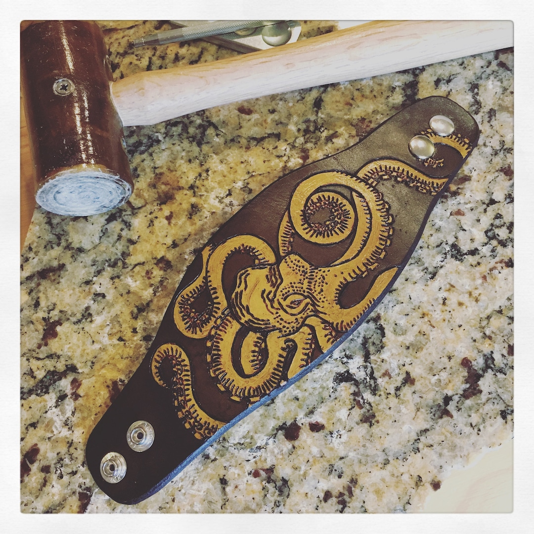 Octopus Leather Cuff/bracelet With Hand Drawn Pyrographic Detailing ...
