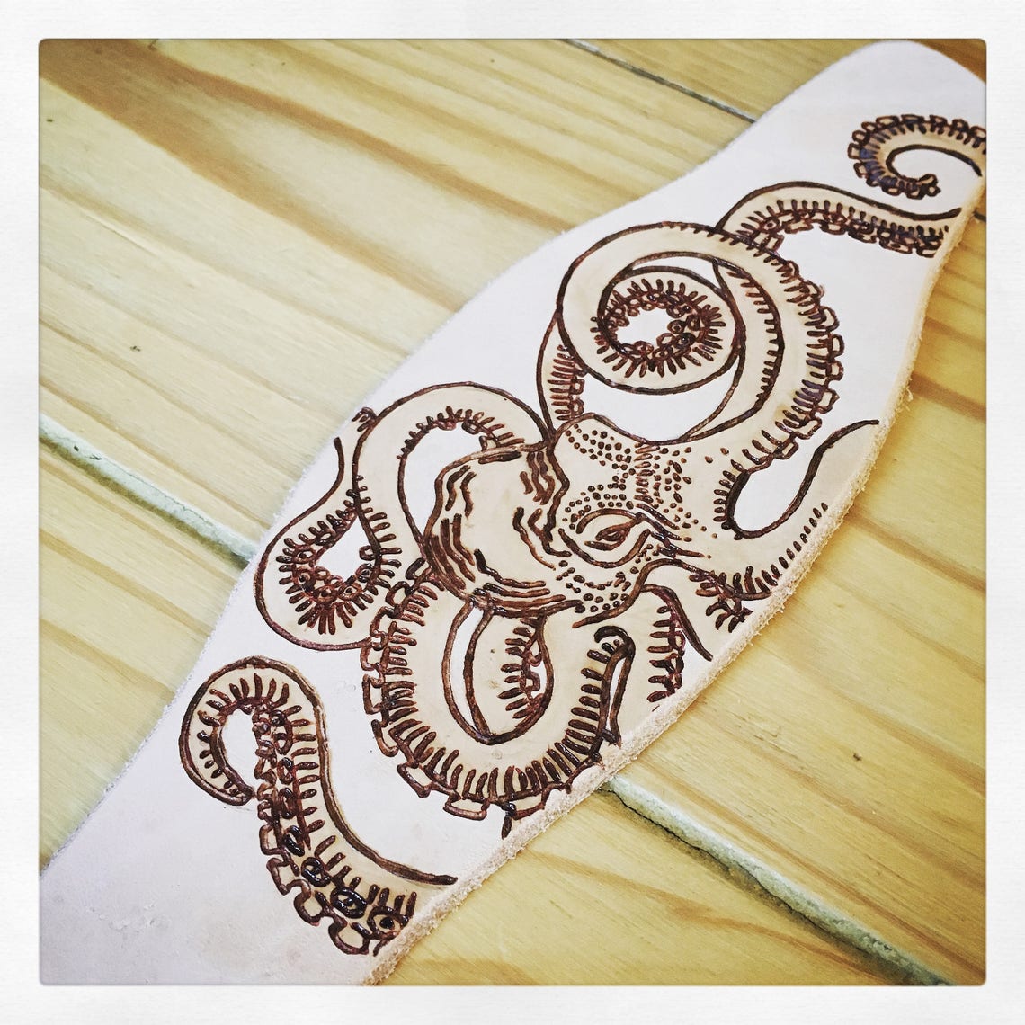 Octopus Leather Cuff/bracelet With Hand Drawn Pyrographic Detailing ...