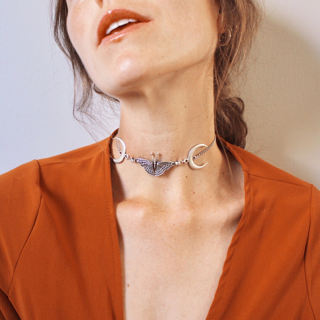 Butterfly and Moon Choker - Gothic Grunge Jewelry, Metal Choker, Moon ...