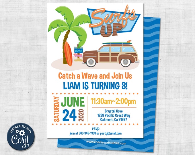Surf Party Birthday Invitation, Edit in Corjl, Instant Download, Beach ...