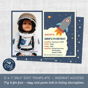Rocket Birthday Invitation Space Party Edit in Corjl Photo - Etsy