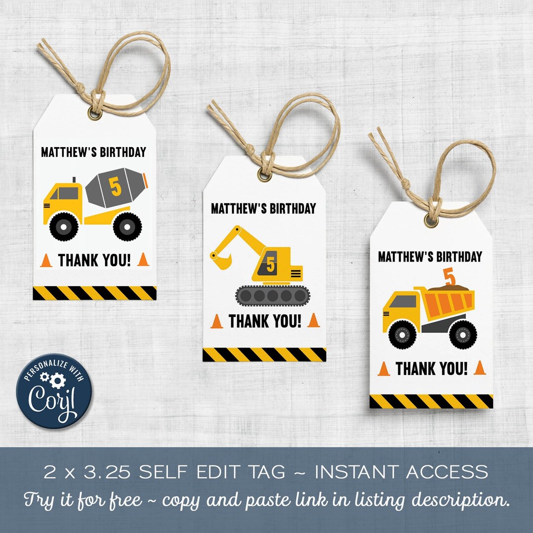 Construction Birthday Party Tags Thank You Favor Tag Edit in - Etsy New ...