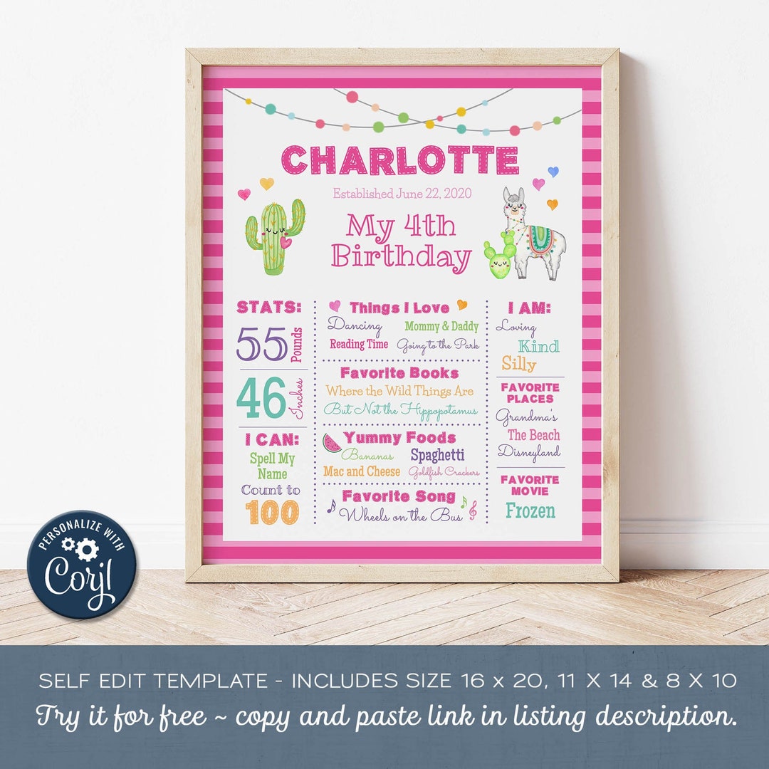 Llama Birthday Poster, Birthday Milestones, Llama Party Stats Poster ...