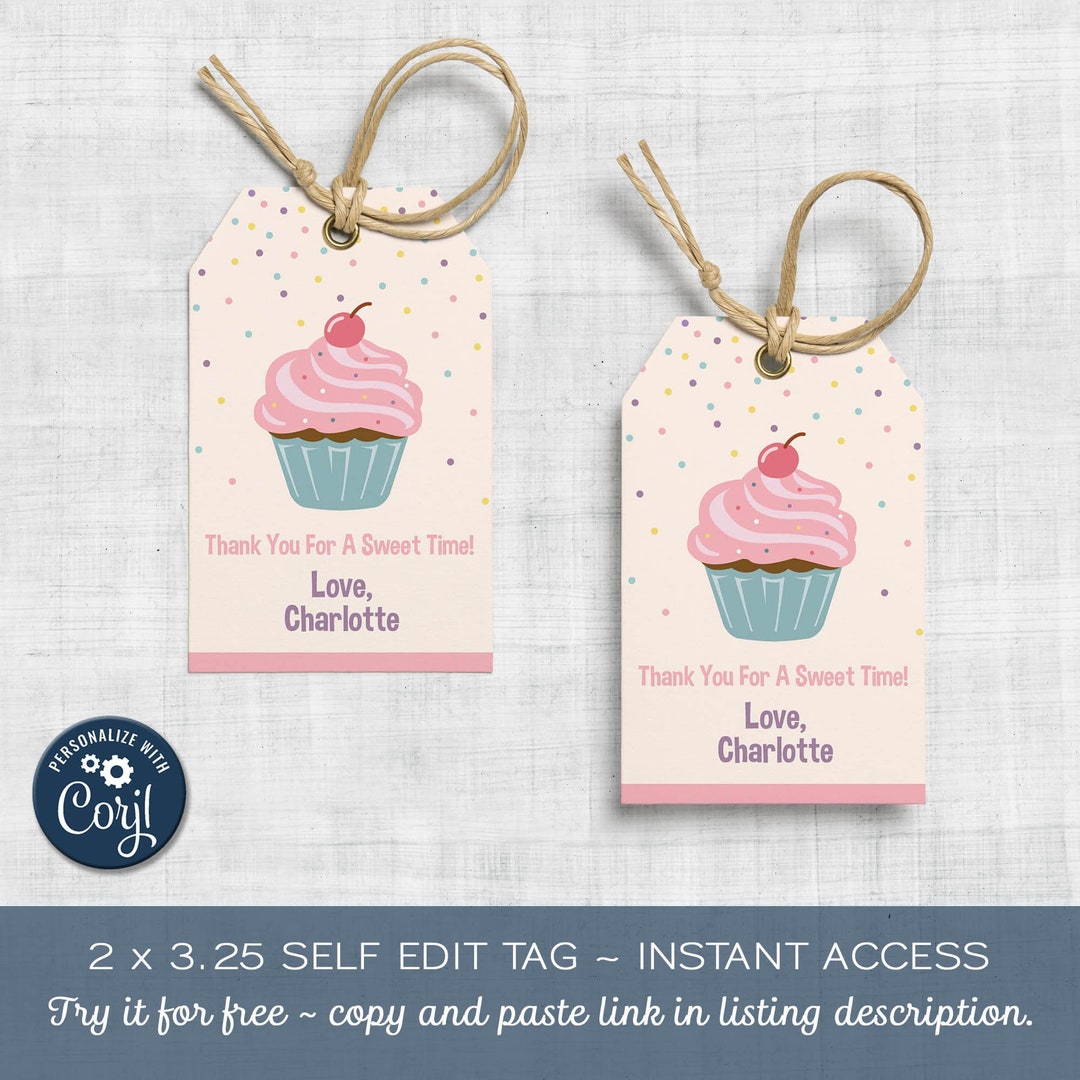 Cupcake Birthday Party Tags, Cupcake Thank You Tag, Favor Tag, Edit in ...