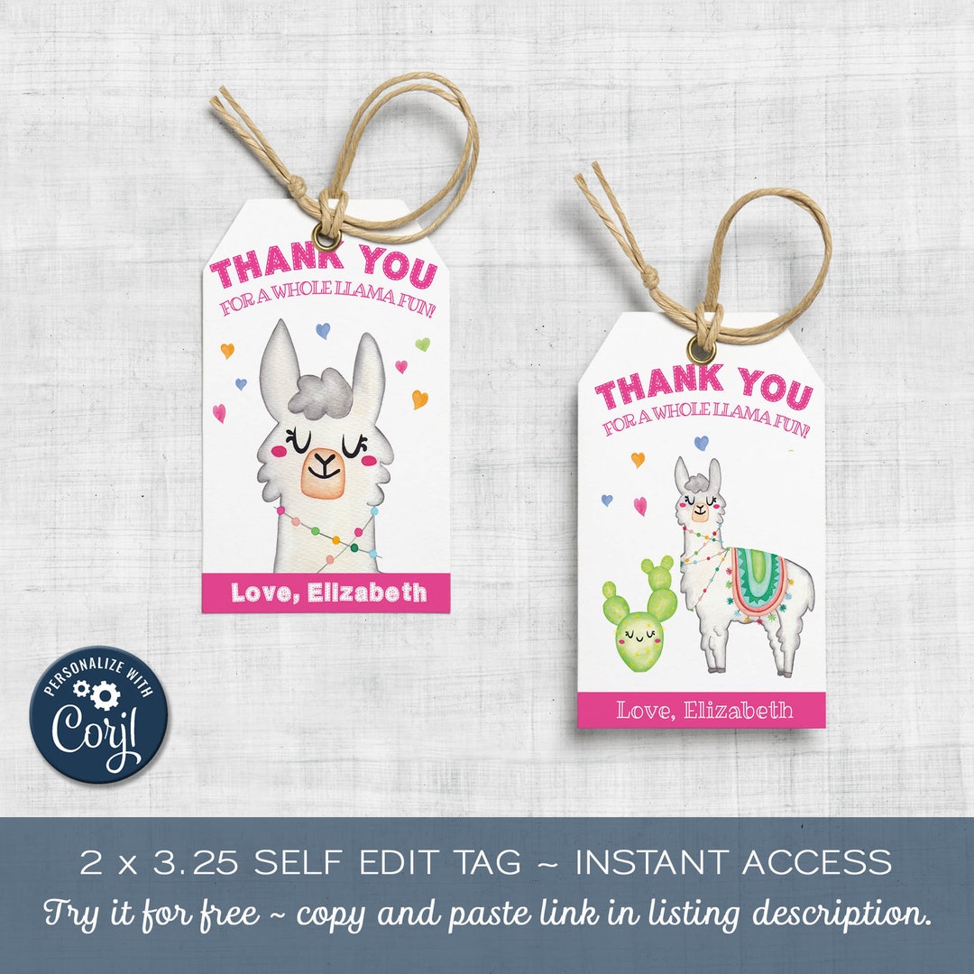 Llama Birthday Party Tags, Thank You Tag, Favor Tag, Edit in Corjl ...