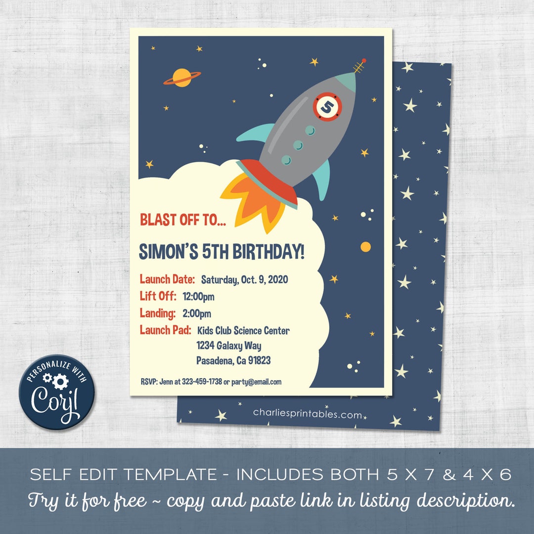 Rocket Birthday Invitation Space Party Edit in Corjl - Etsy
