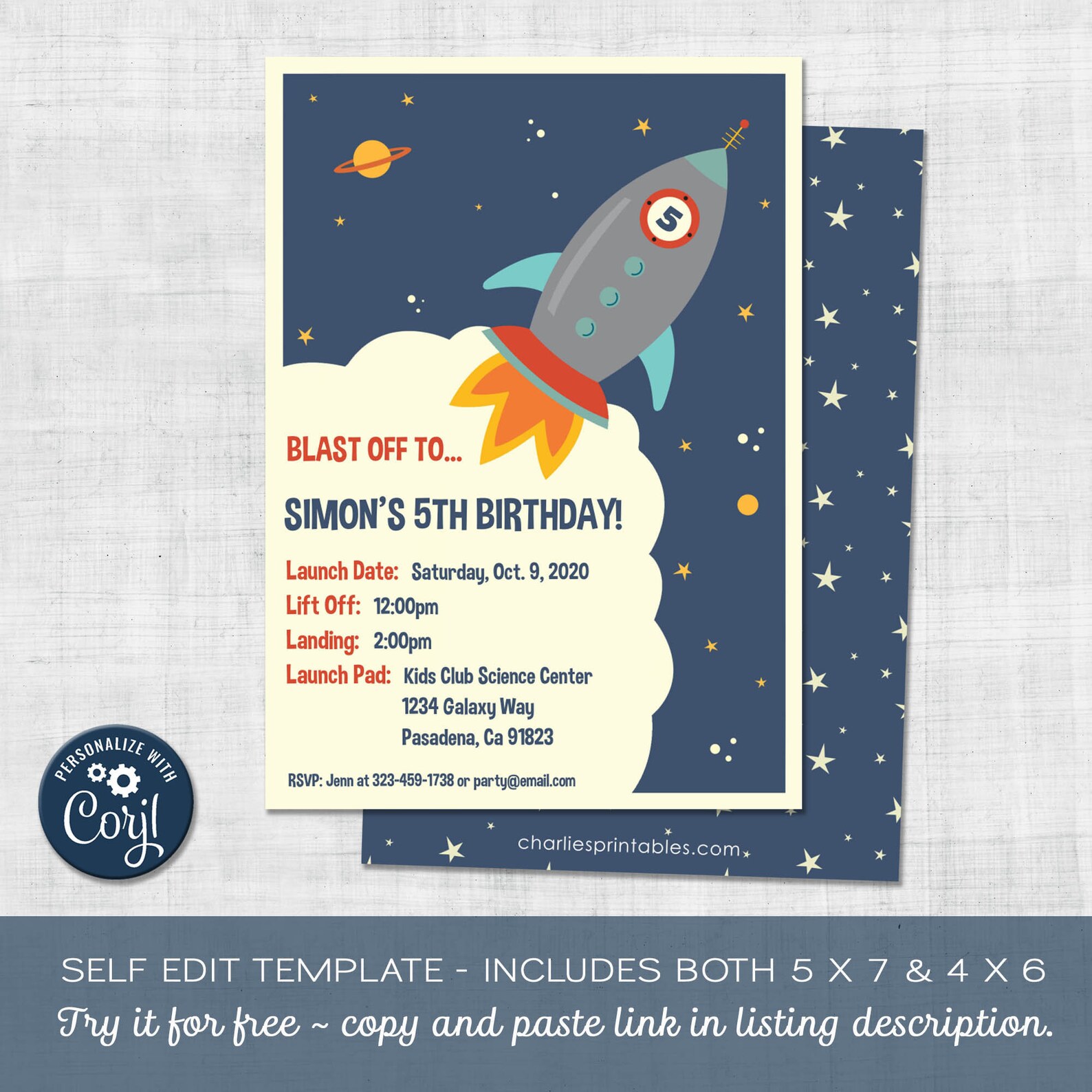 Rocket Birthday Invitation Space Party Edit in Corjl - Etsy