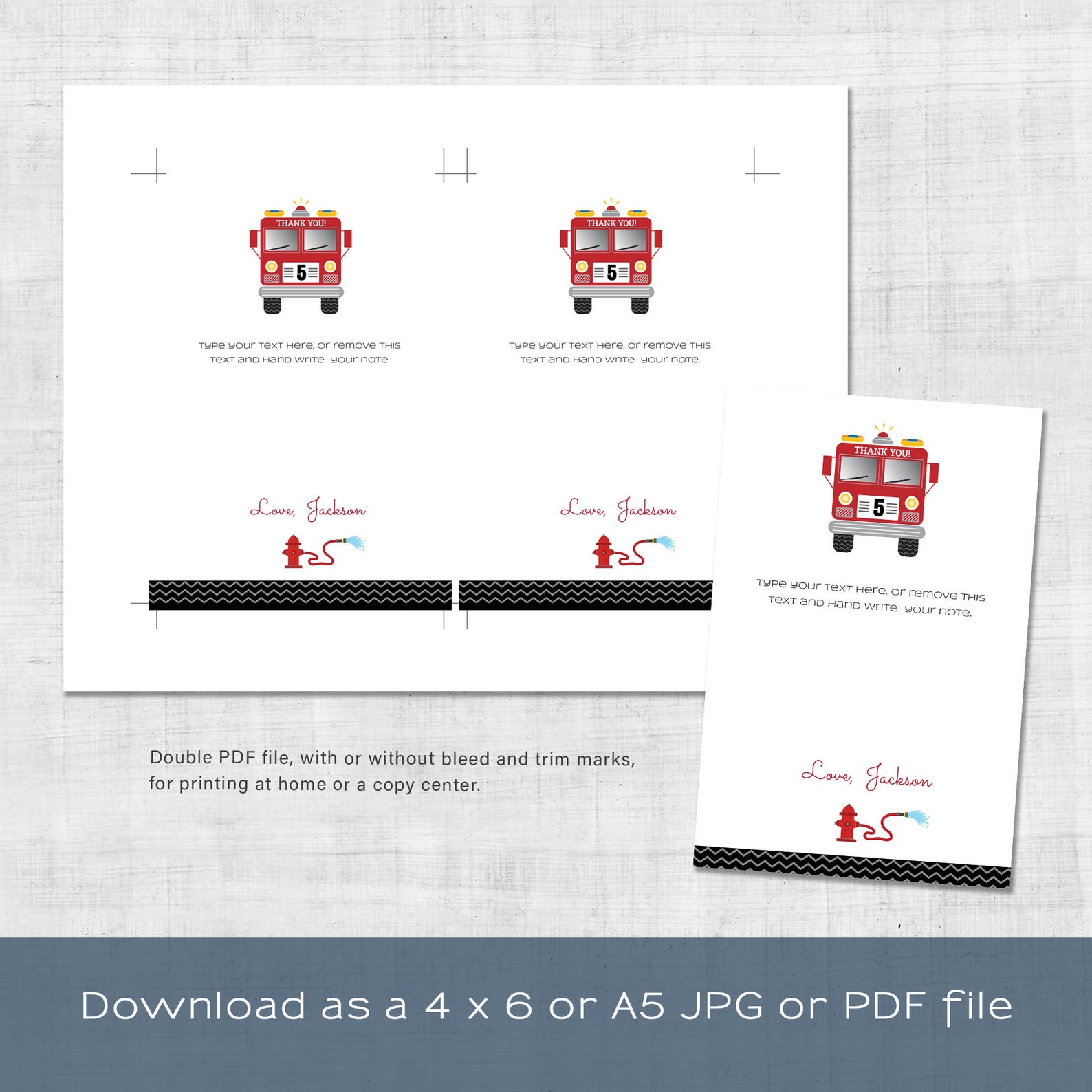 Self Editable Fire Truck Thank You Card Birthday Thank You | Etsy