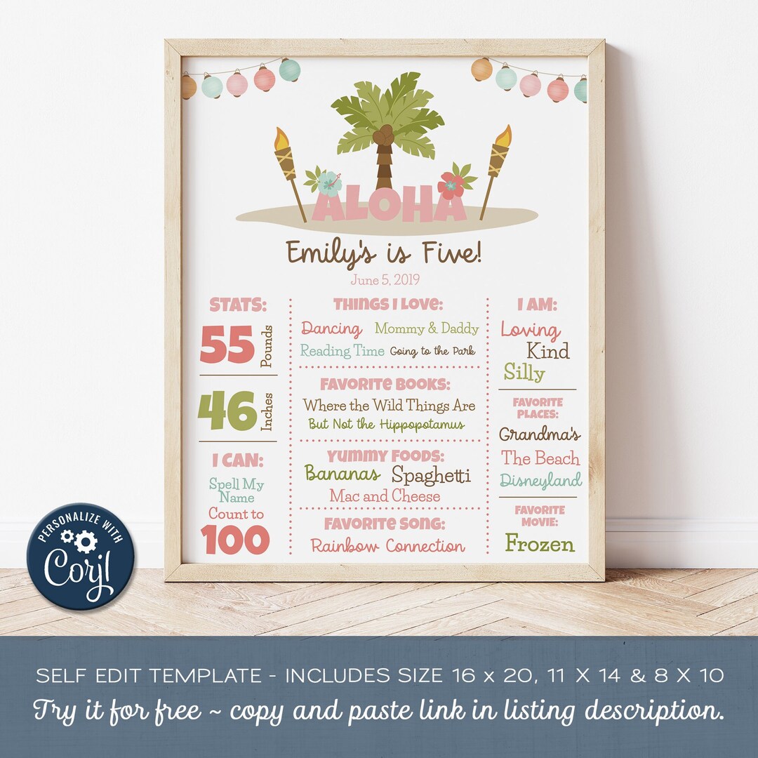 Luau Birthday Poster, Birthday Milestones, Hawaiian Party, Stats Poster ...