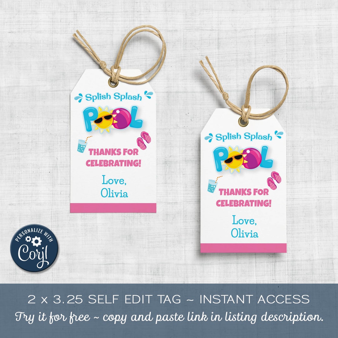 Pool Party Tags, Swim Birthday, Thank You Tag, Favor Tag, Edit in Corjl ...