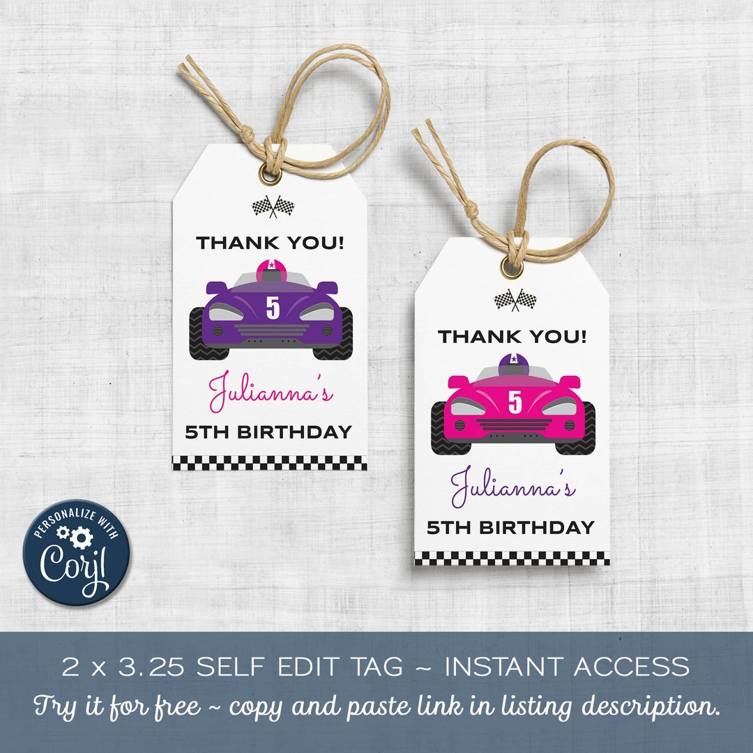 Race Car Birthday Party Tags Thank You Favor Tag Edit in - Etsy