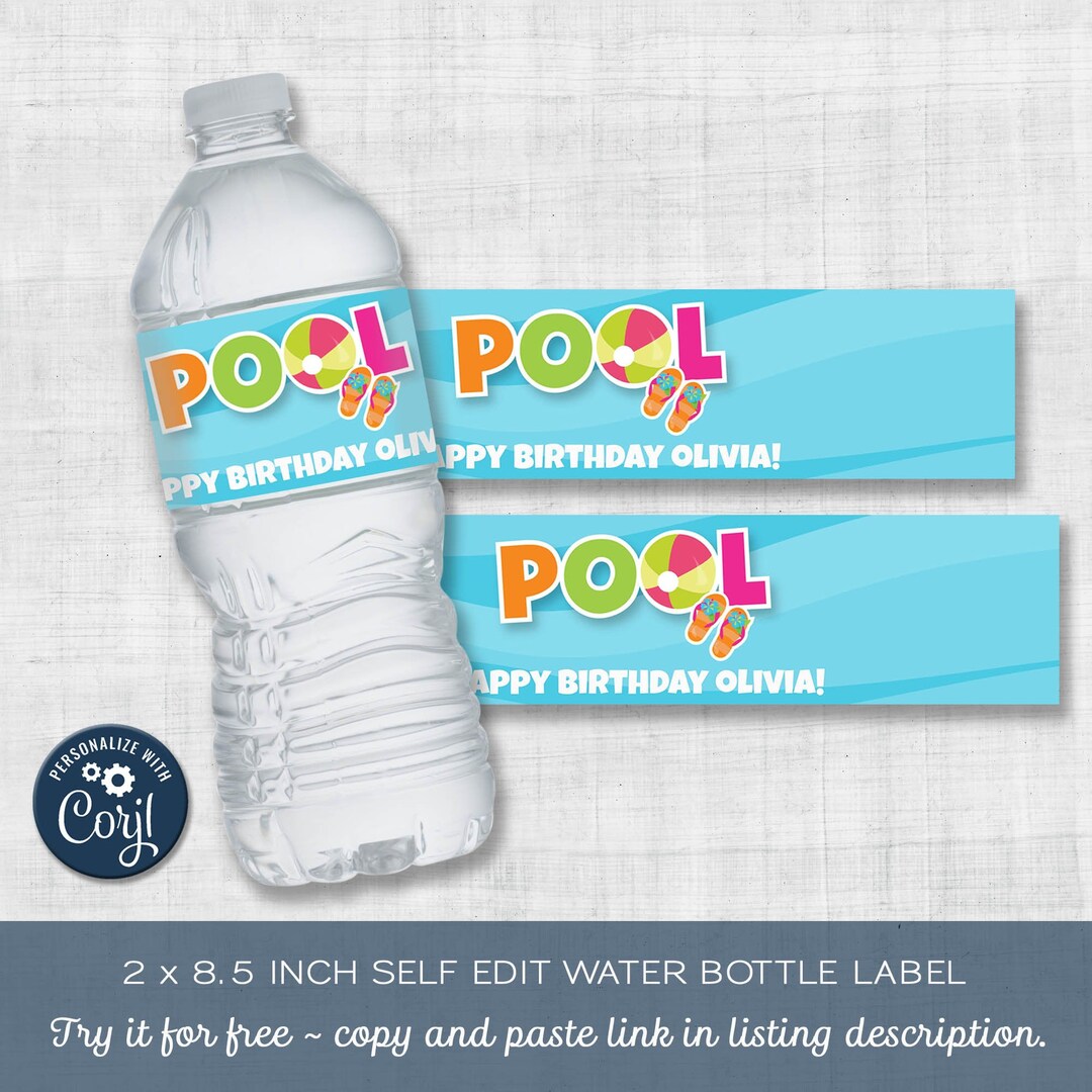 Pool Party Water Bottle Labels, Swim Birthday Labels, Edit in Corjl ...