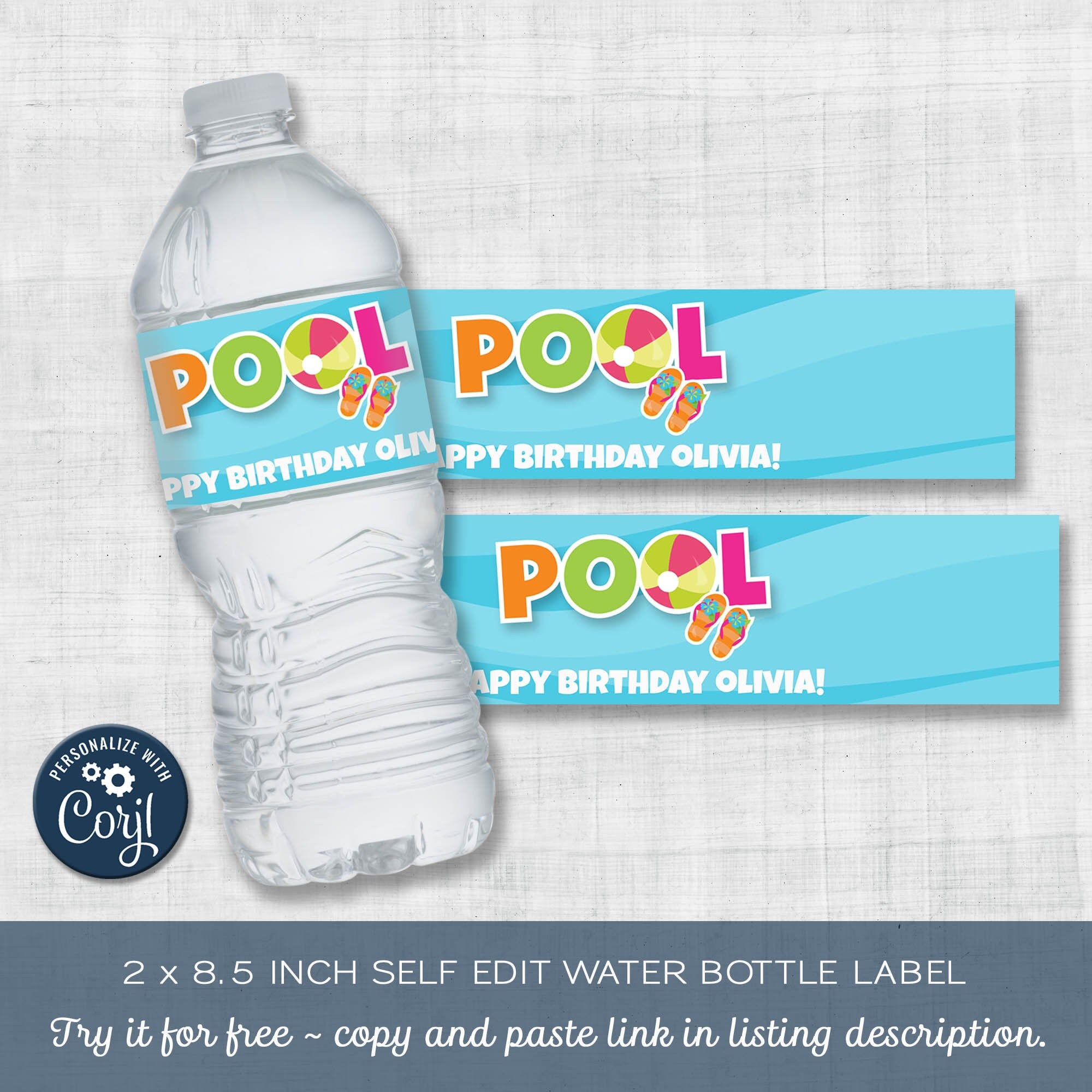 Pool Party Water Bottle Labels Swim Birthday Labels Edit in | Etsy