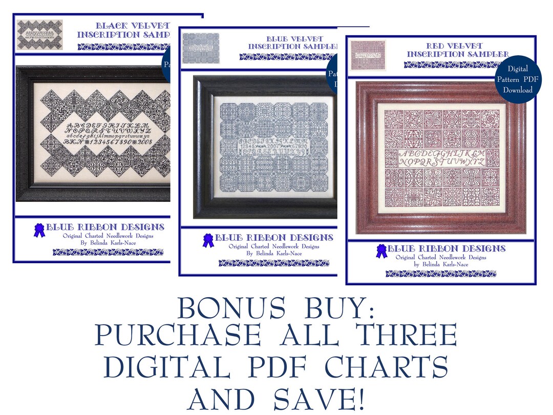 Inscription Sampler Cross Stitch Charts: Red, Blue, and Black Velvet ...