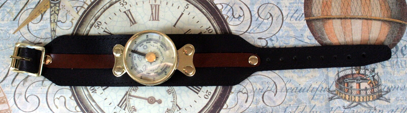 Steampunk Barometer Cuff Black Leather Cuff Brown Leather - Etsy