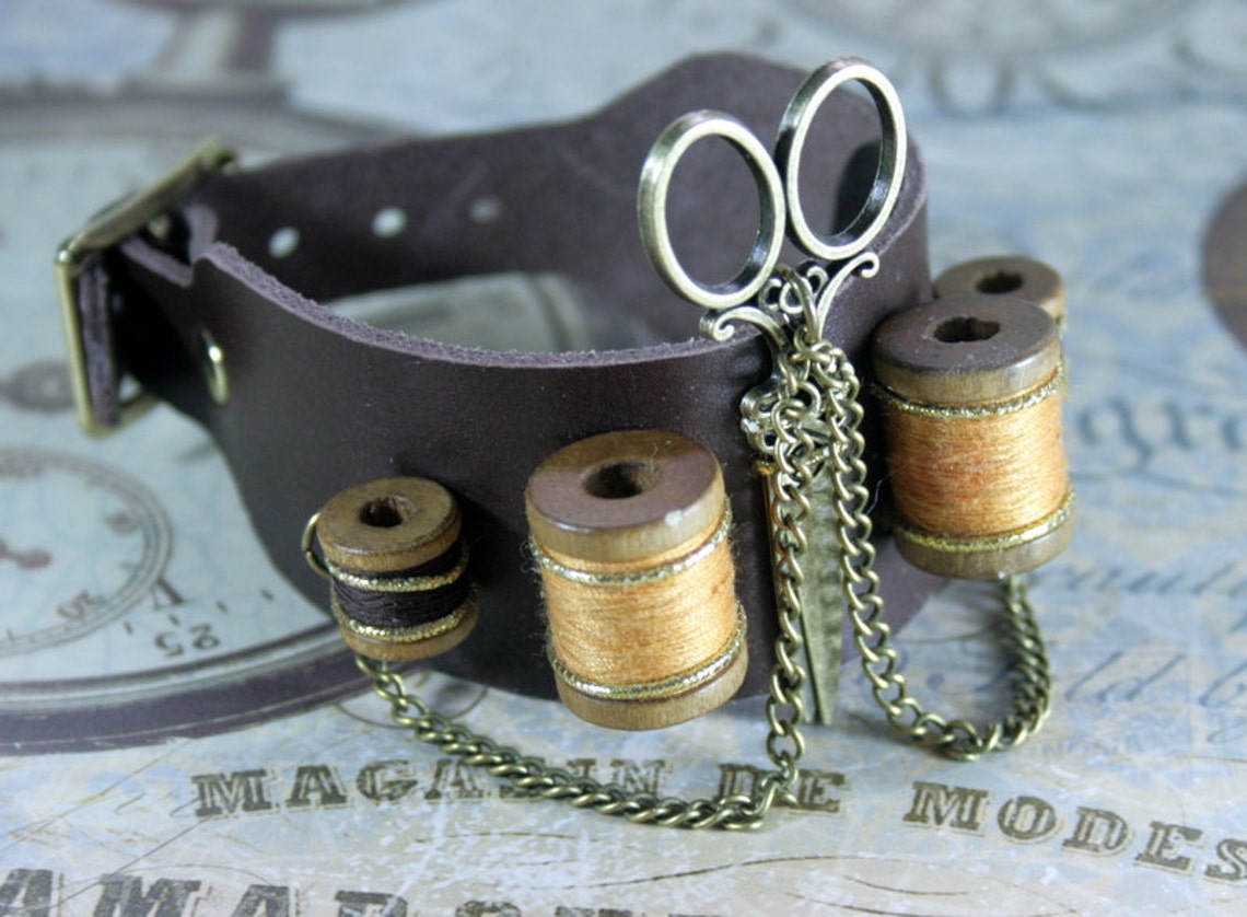 Seamstress Steampunk Cuff, Steampunk Cuff, Leather Bracer, Dressmaker ...