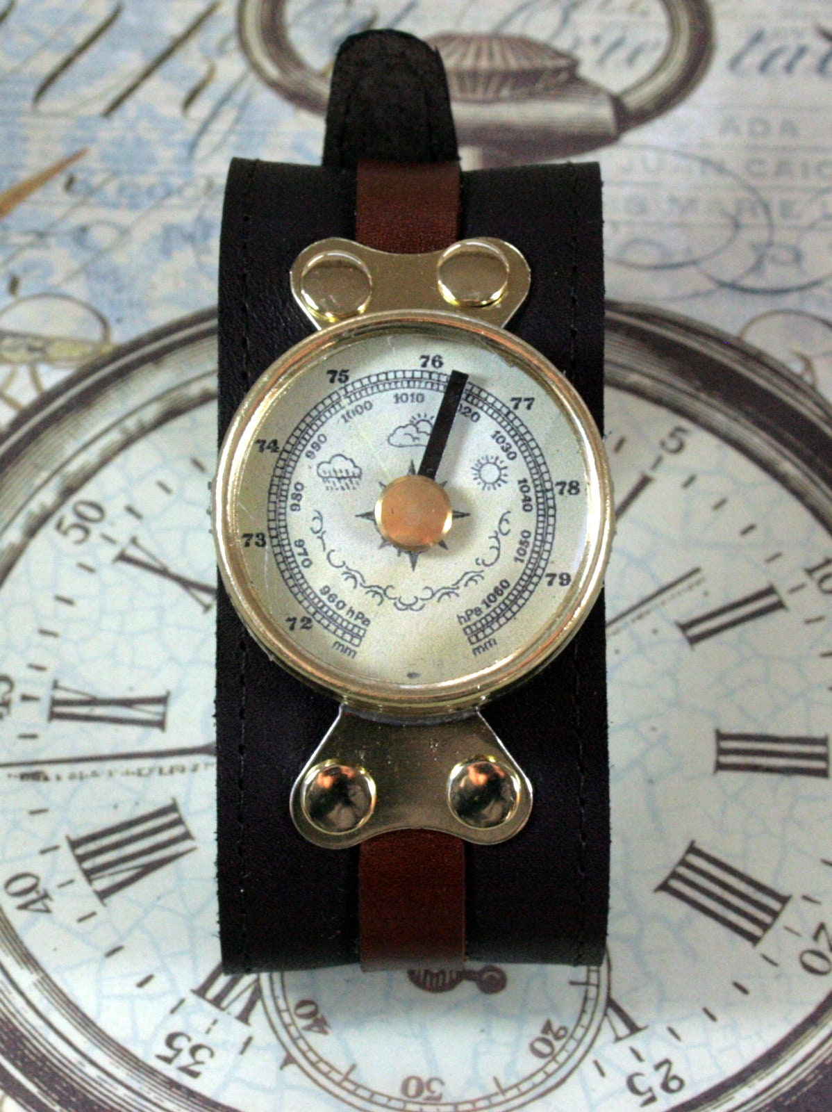 Steampunk Barometer Cuff Black Leather Cuff Brown Leather - Etsy
