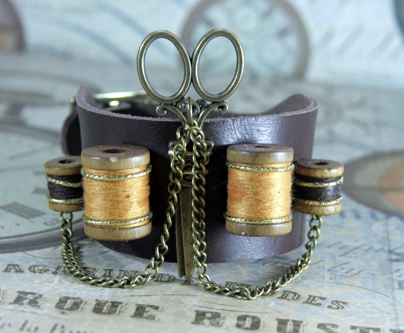 Seamstress Steampunk Cuff, Steampunk Cuff, Leather Bracer, Dressmaker ...