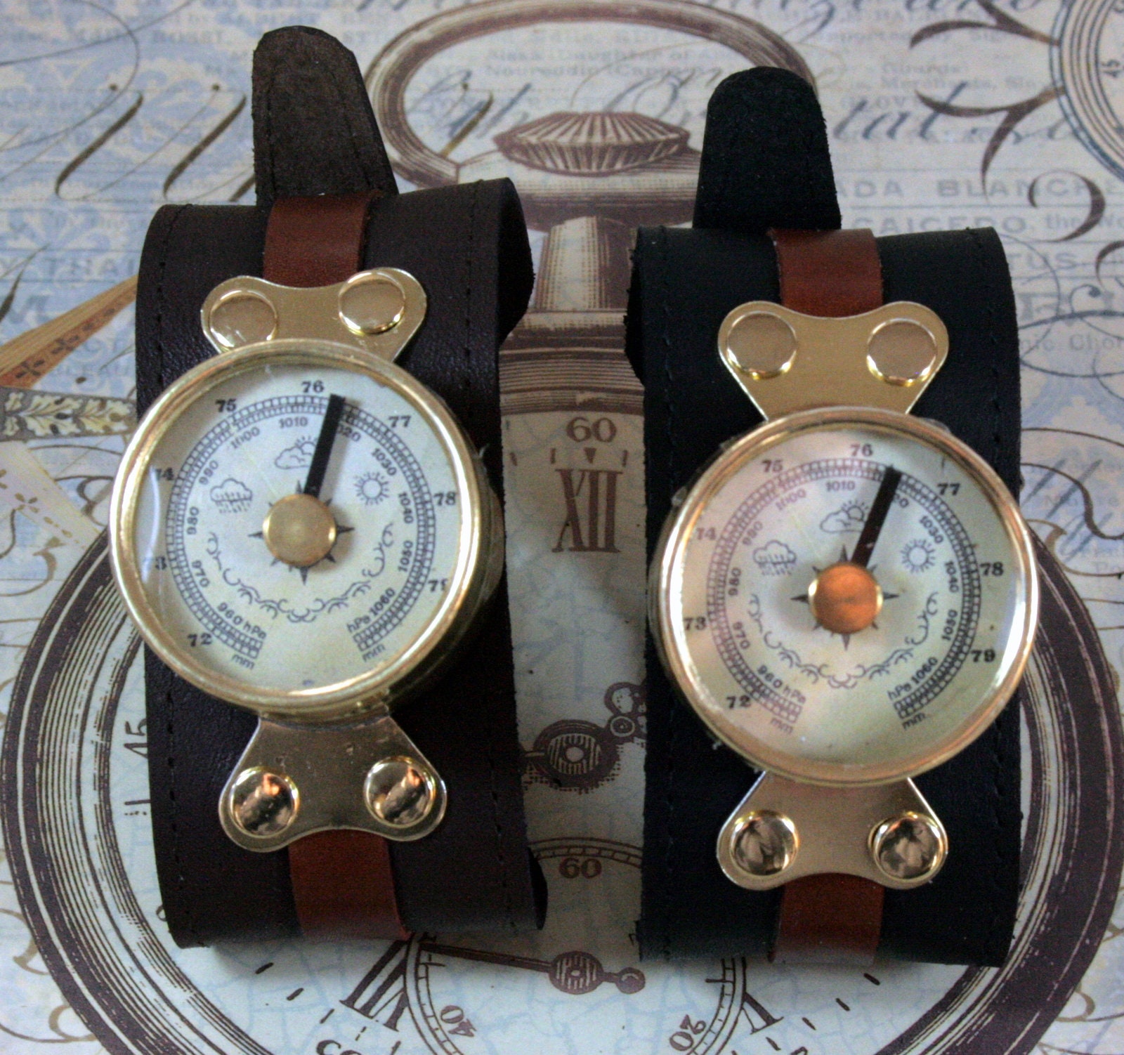 Steampunk Barometer Cuff Black Leather Cuff Brown Leather - Etsy