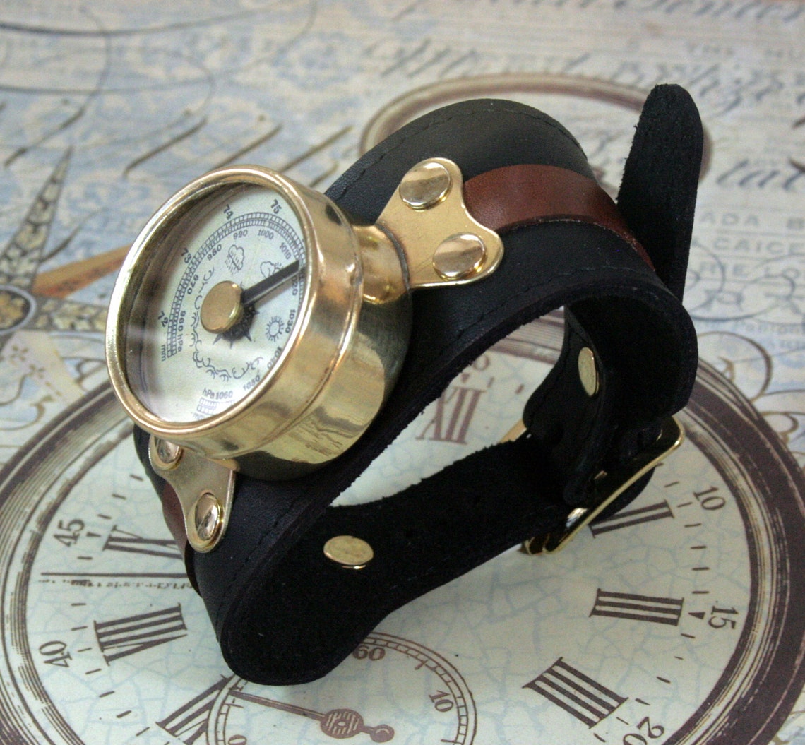 Steampunk Barometer Cuff Black Leather Cuff Brown Leather - Etsy
