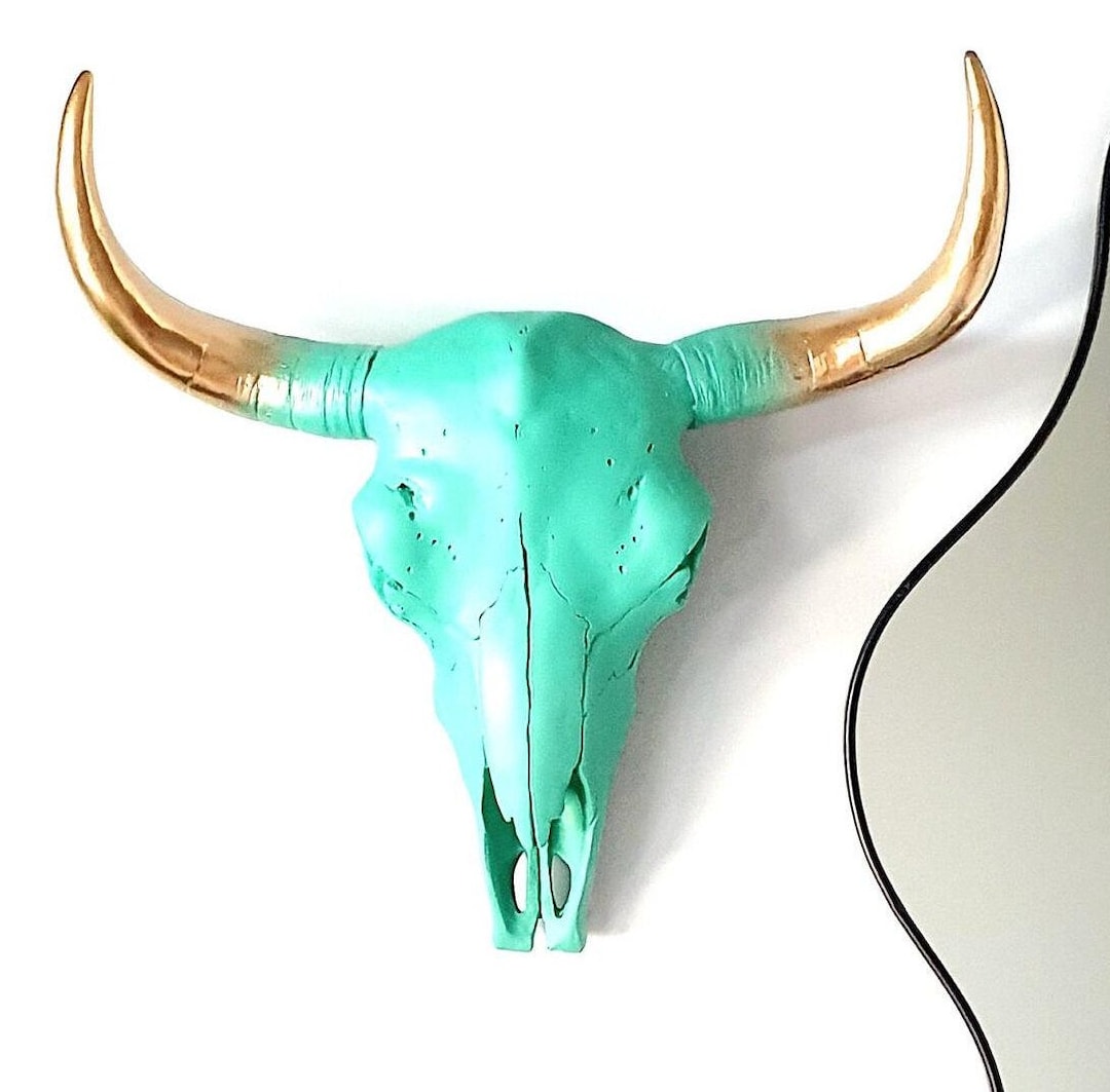 Turquoise Cow Skull With Gold Horns: Southwestern Decor, Resin Bull ...
