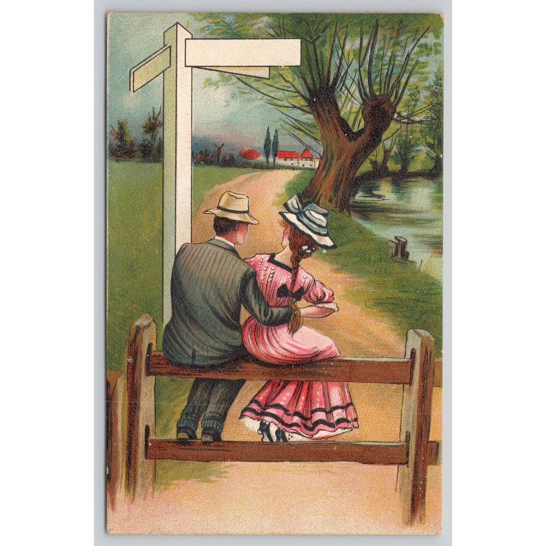 Vintage 1909 Blank Street Signs Postcard Couple Sitting on Bench ...