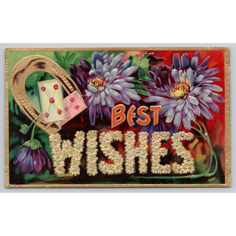Antique 1909 Embossed Best Wishes Postcard With Flowers & Horseshoe - Etsy