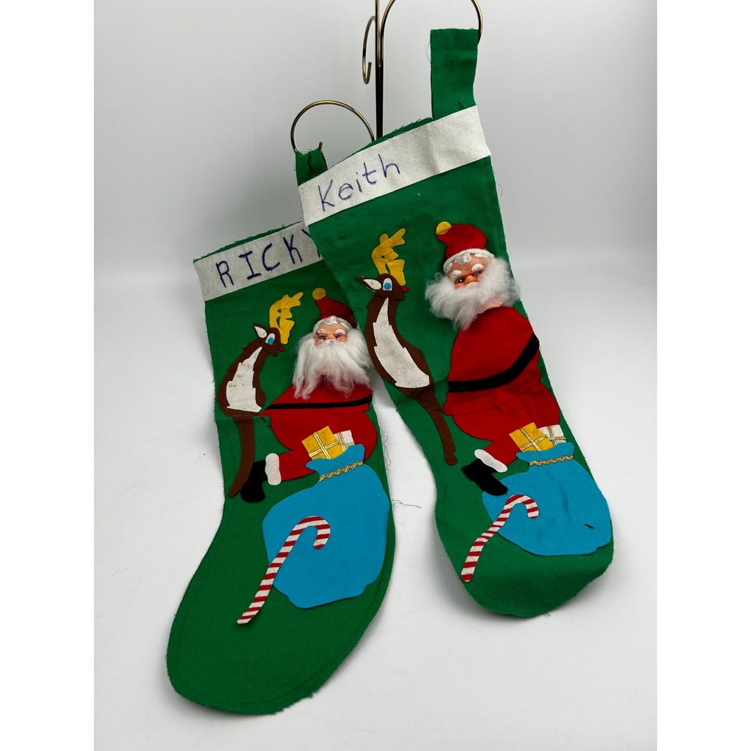 Vintage Christmas Stocking Set Rubber Head Santa & Reindeer Applique ...