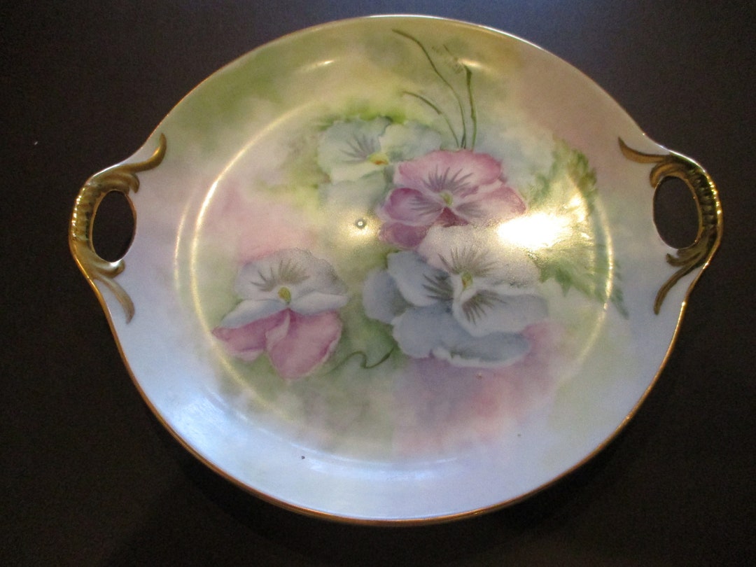 Vintage Hand Painted Flower Plate With Gold Trim & Handles, Dish, Home ...