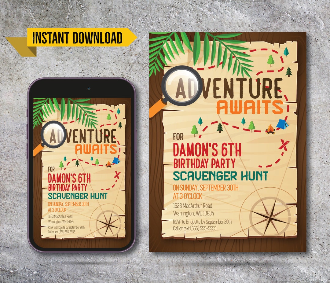 Scavenger Treasure Hunt Geocaching Birthday Invitation Printable ...