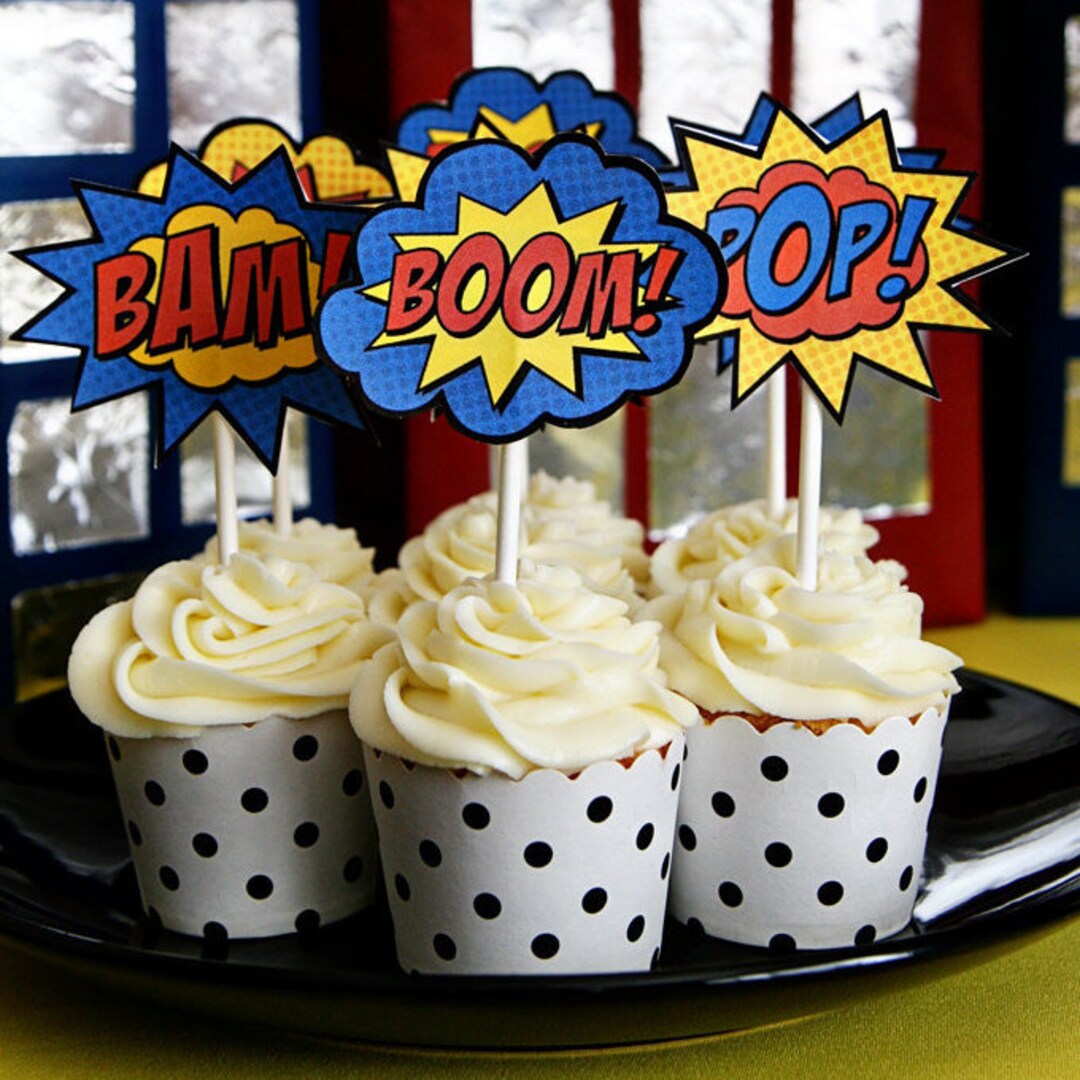 Superhero Cupcake Toppers • Boom, Bam, Zap, Pow, and Pop • Printed ...