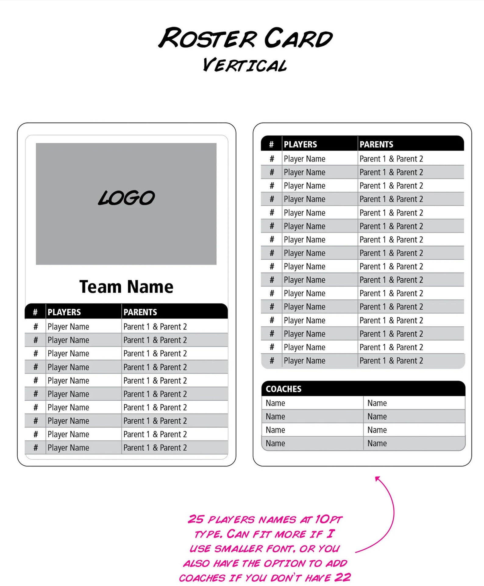 Custom Sports Team Roster Cards: Business or Index Card Size (printable ...