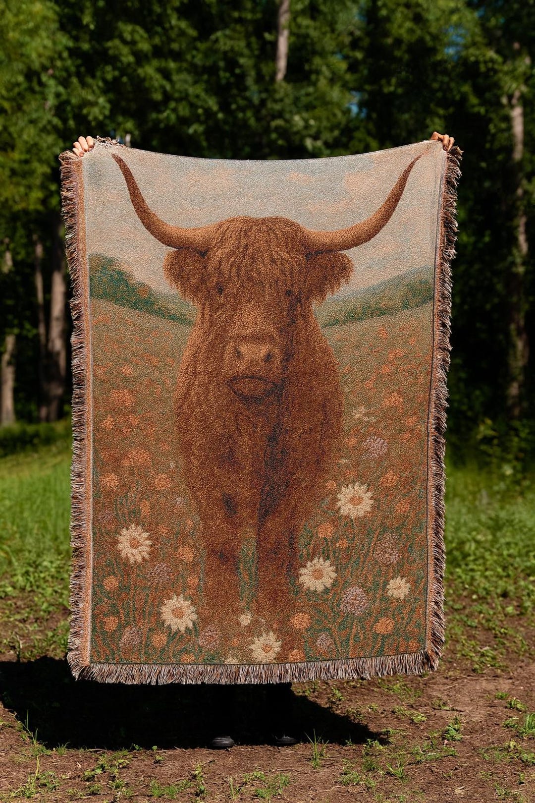 Highland Cow Woven Throw Blanket: Farmhouse Cottagecore Decor - Etsy