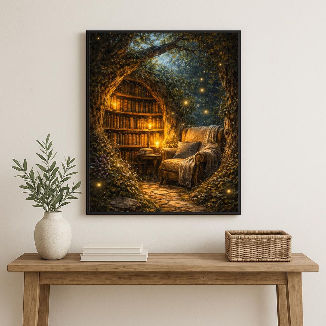 Whimsical Tree Library Art Print, Cozy Reading Nook, Woodland Fantasy ...