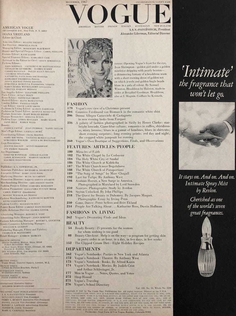 VOGUE US December 1967 Vintage Fashion Magazine 1960s Retro Birthday ...
