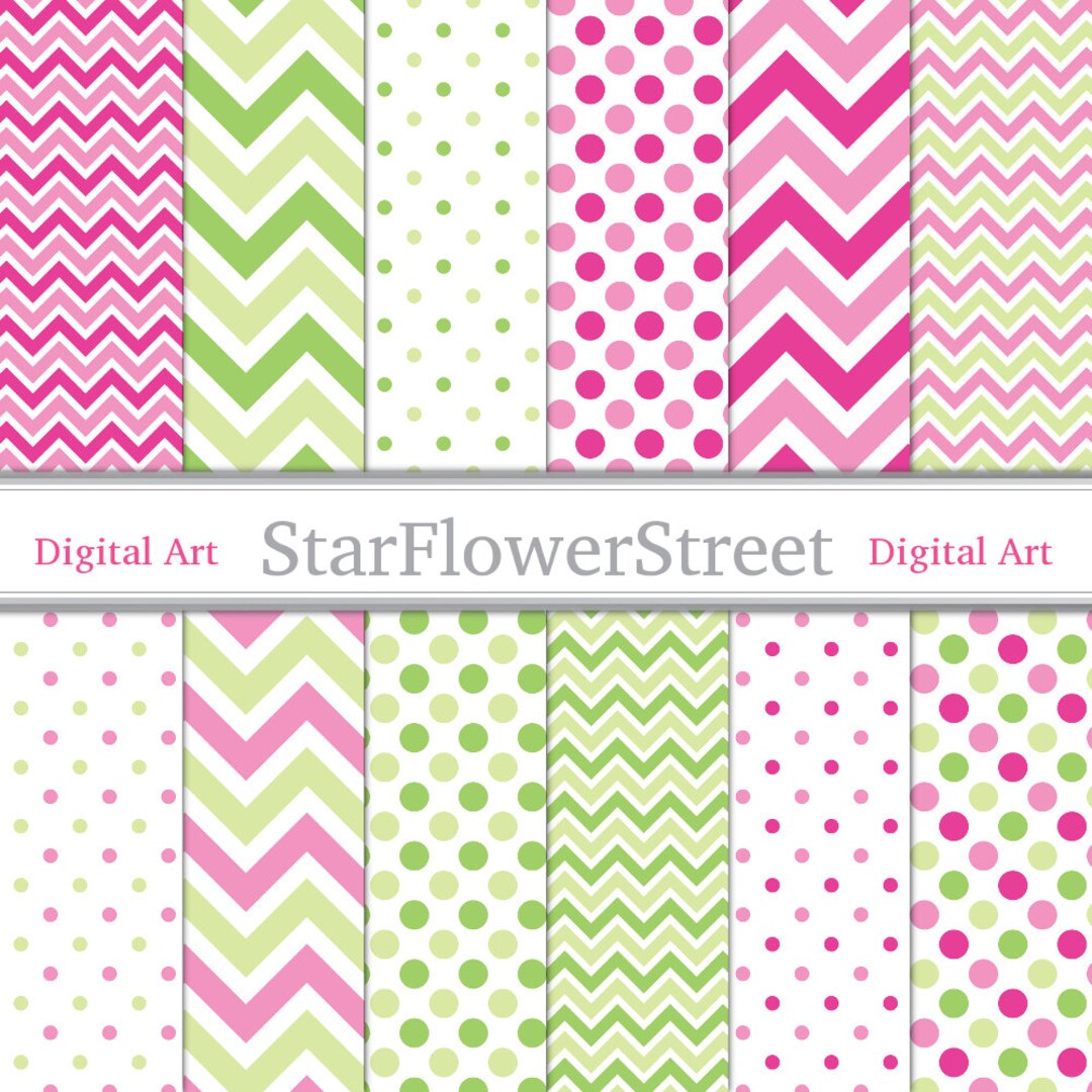Pink Chevron Polka Dot With Green Digital Patterned Paper Easter Spring ...