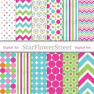 Girl Digital Paper Scrapbook Background - Chevron Polka Dot Flower Pink ...