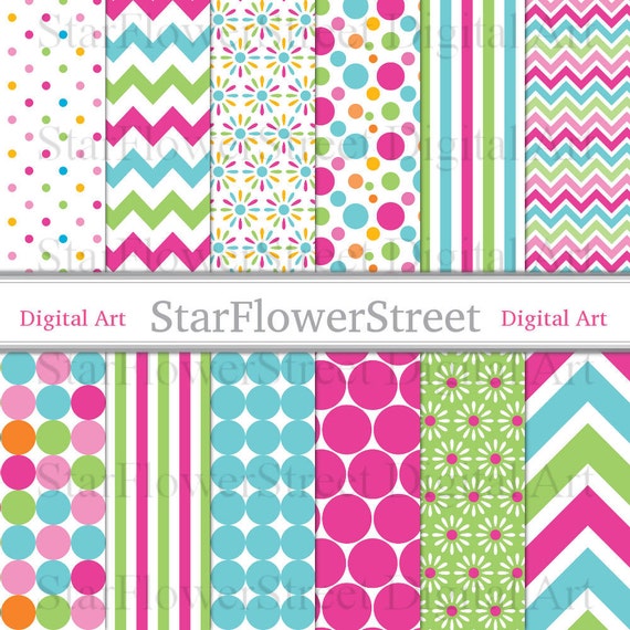 Turquoise And Pink Chevron Background Girl Digital Paper Scrapbook