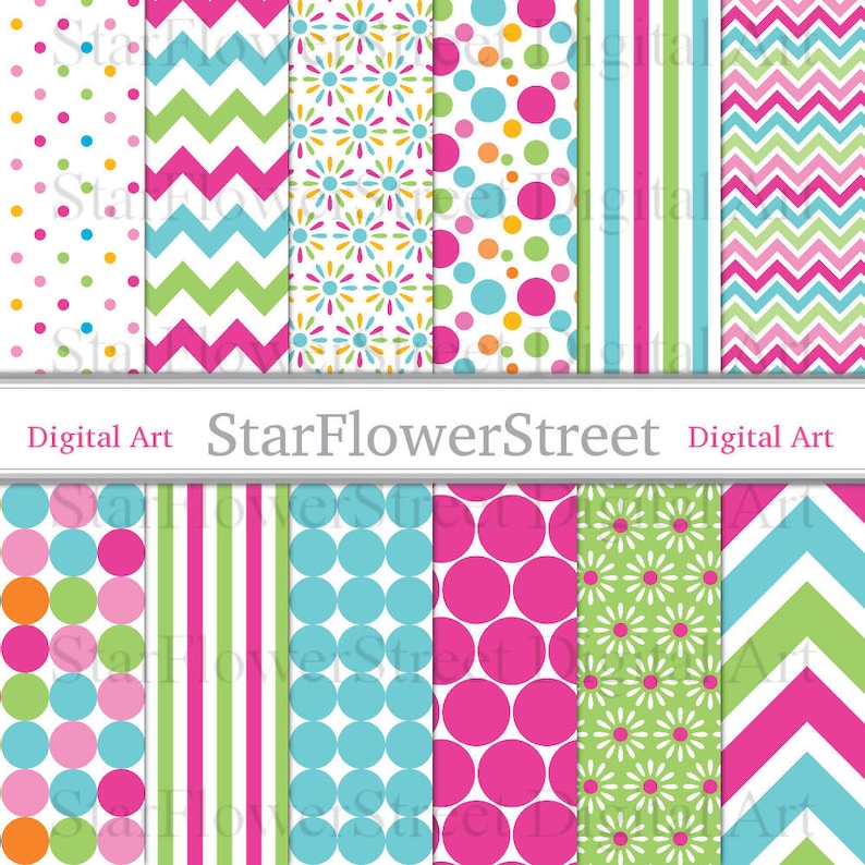 Girl Digital Paper Scrapbook Background - Chevron Polka Dot Flower Pink ...