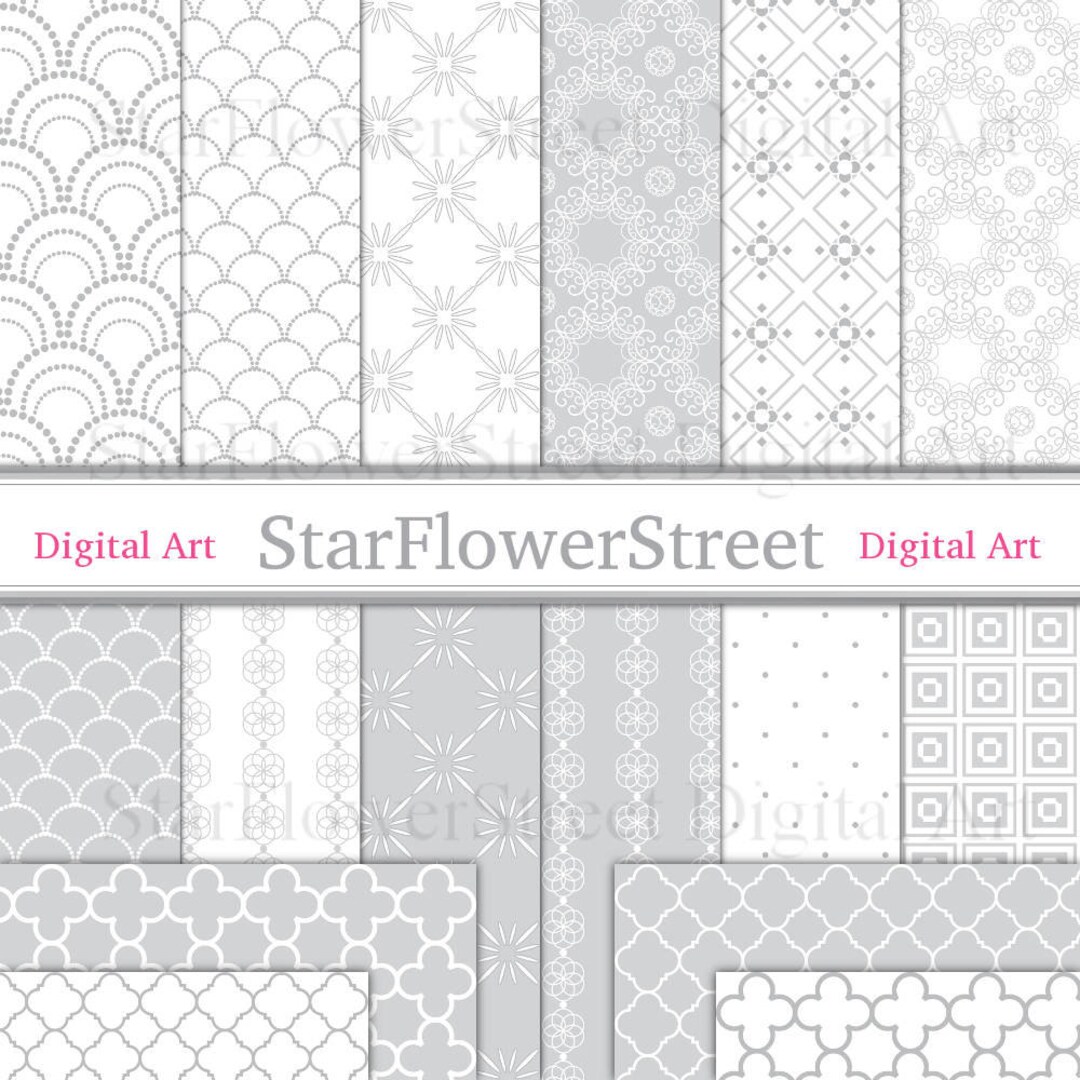 Lace Digital Paper Wedding Gray Scallop Quatrefoil Pattern Delicate ...